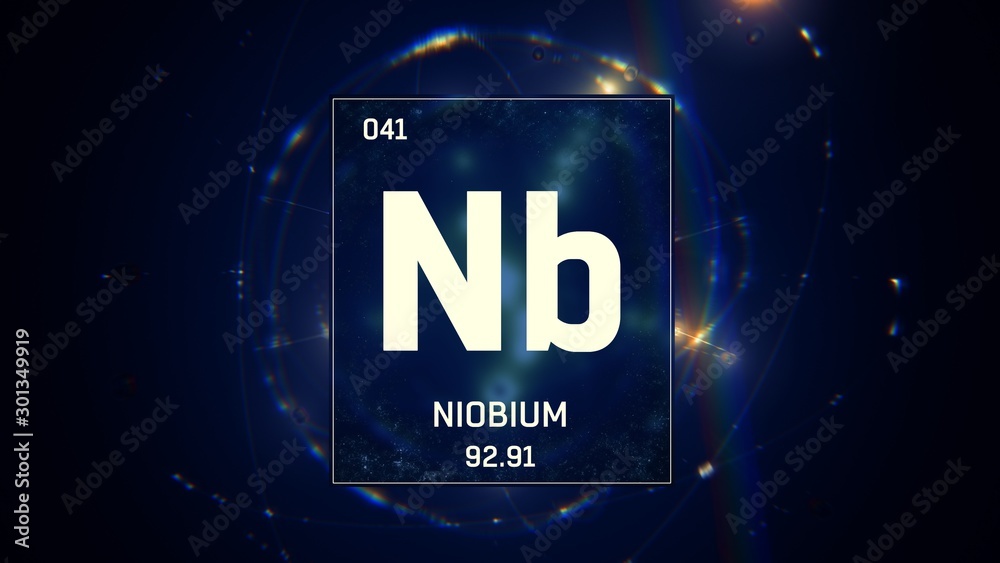 3D illustration of Niobium as Element 41 of the Periodic Table. Blue ...