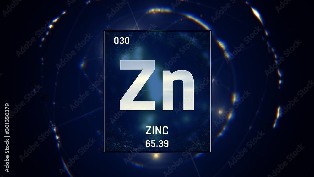 3D illustration of Zinc as Element 30 of the Periodic Table. Blue ...