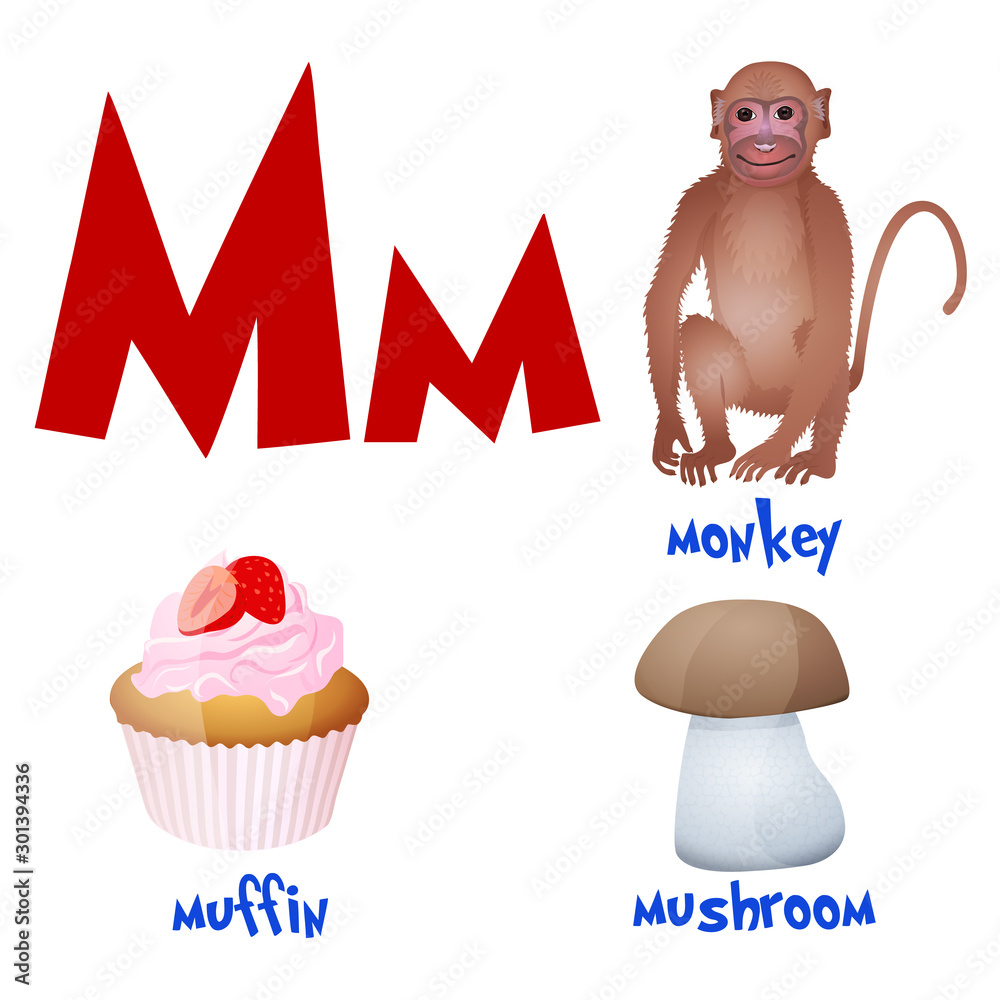 Vector cute kids cartoon alphabet. Letter M with monkey, muffin and ...
