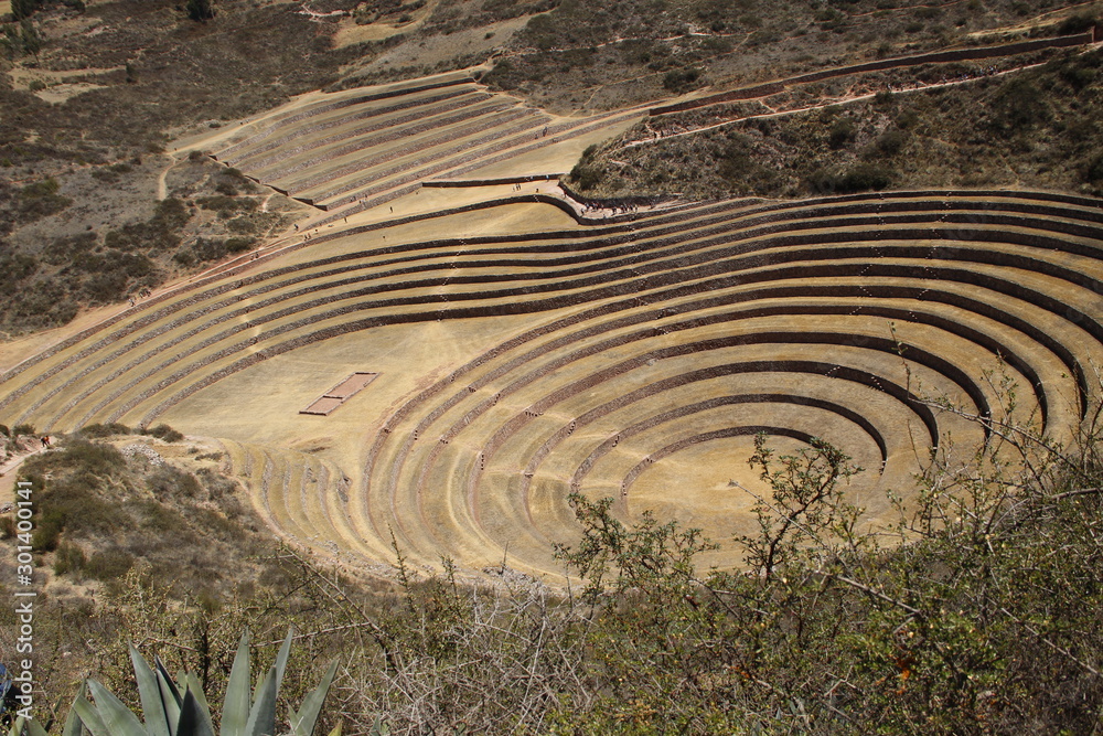 Aerial photo of the circular terraces of Moray potato crops in Peru ...