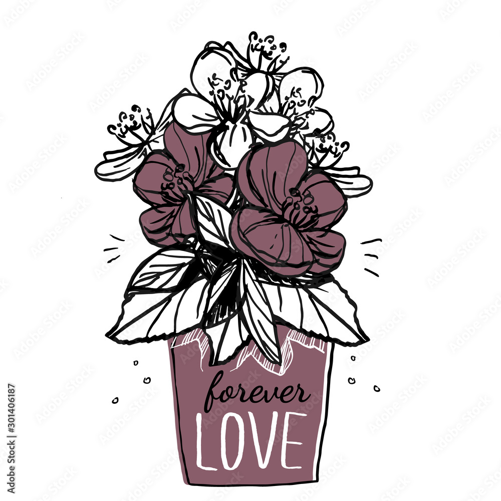 flower line art Ink, pencil, the leaves and flowers of apple isolated ...