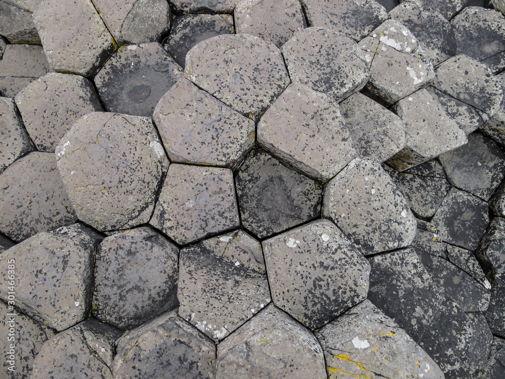 Aerial view pattern of hexagonal basalt columns on the Giants Causeway ...