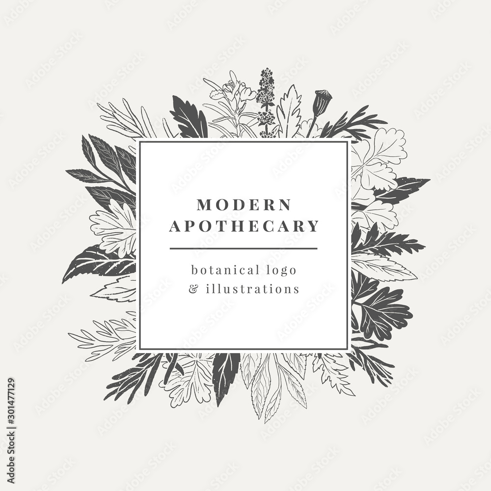 Apothecary Logo. Hand drawn botanical illustration with various plants ...