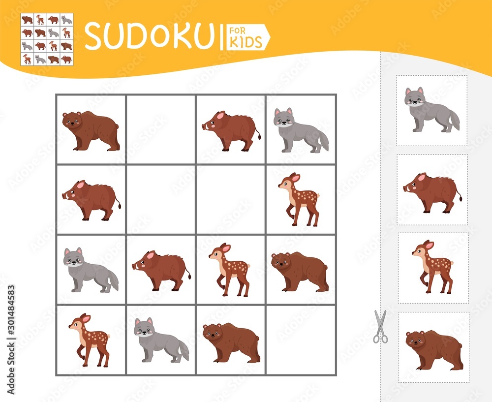 Sudoku game for children with pictures. Kids activity sheet. Forest ...