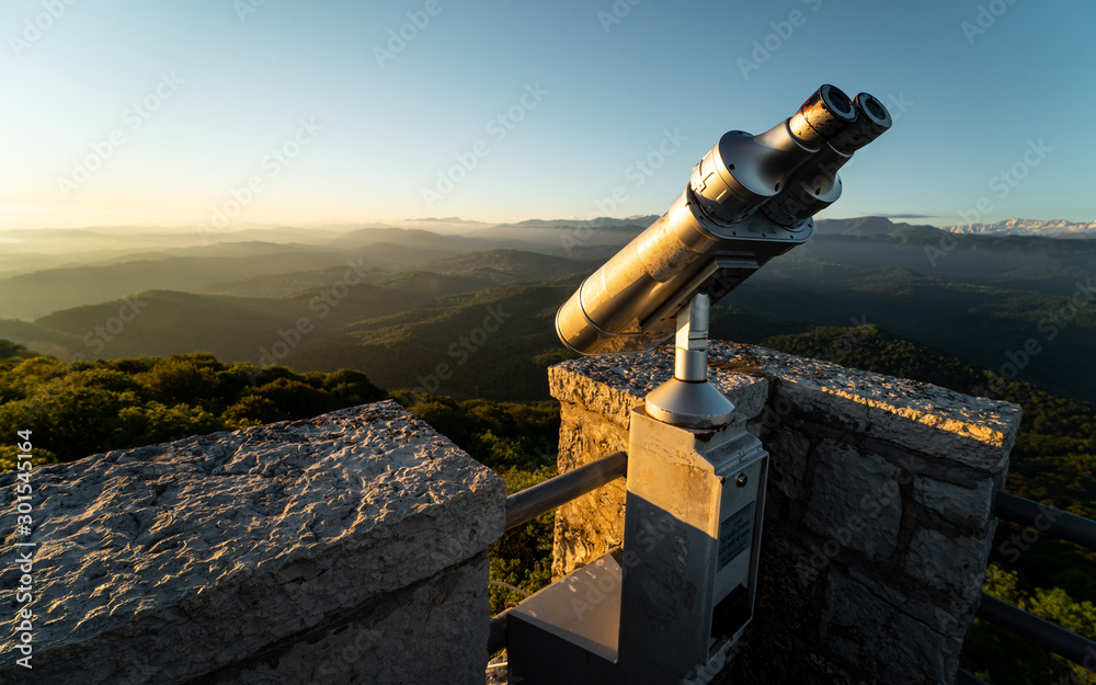 Paid spyglass at the observation deck. Tourist binocular tower coin ...