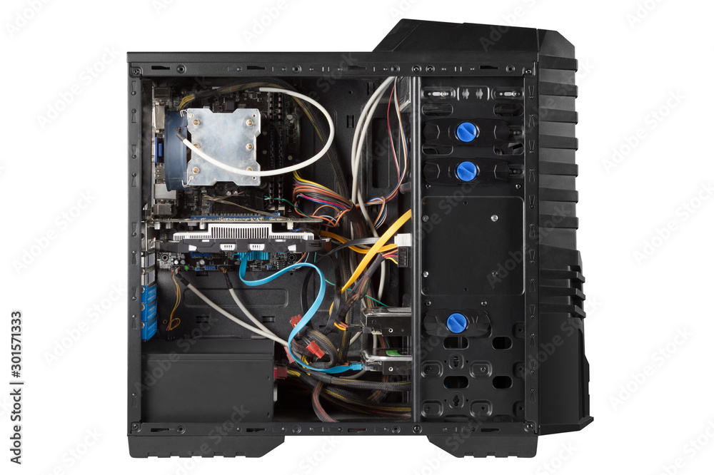 Foto de Stock open system unit isolated, computer case with side panel detached, letting you see ...