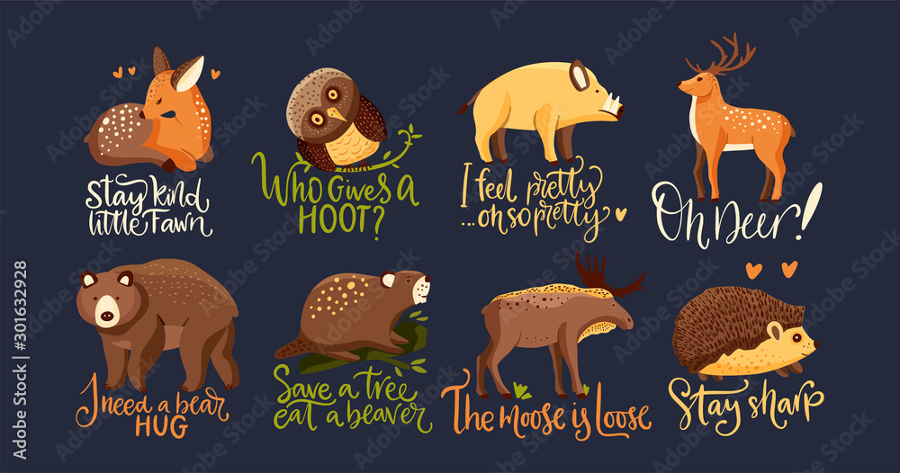 Hand drawn forest animal vector set in a flat style. Woodland cartoon ...
