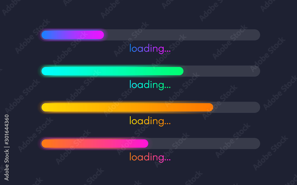 Loading bar set. Color gradient lines on dark backdrop. Progress visualization. Color web design ...