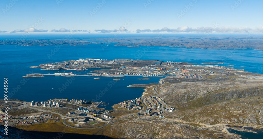 Greenlands capital Nuuk - largest city in Greenland aerial view. Drone ...
