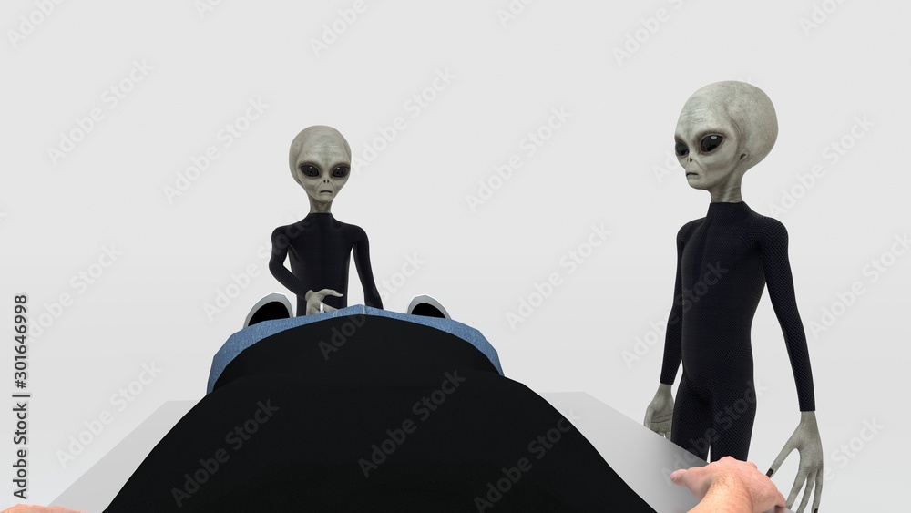 Alien Abduction with three grey Aliens and Human on Surgery Table ...
