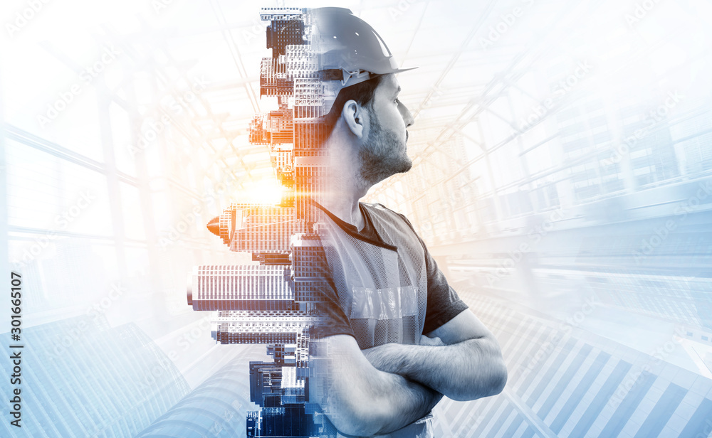 Future building construction engineering project concept with double ...