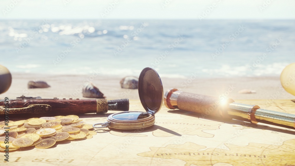 Pirate compass with pistol and spyglass lie on the treasure map. Pirate ...