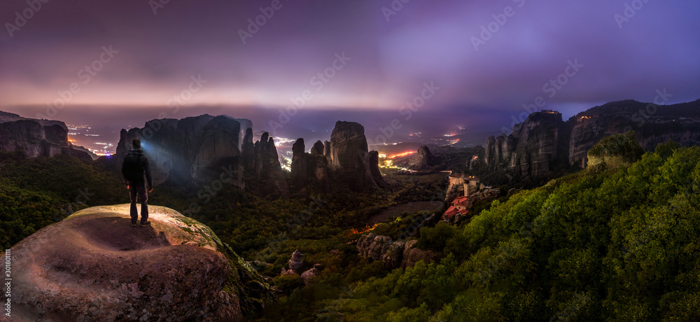Night Hike in Greek Meteora mountains - overlooking castle-like ...
