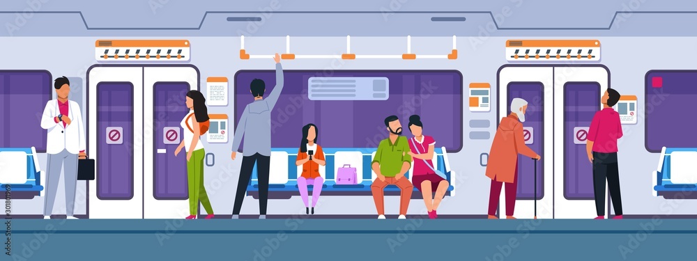 People in transport. Cartoon characters sitting and standing in city ...