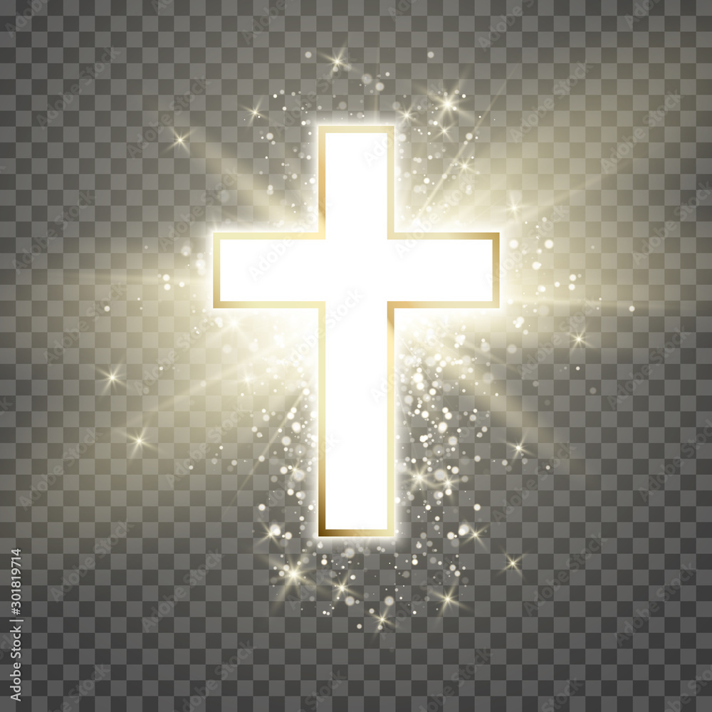 White Cross with golden frame and shine symbol of christianity. Symbol ...