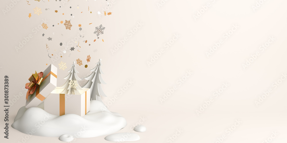 Winter abstract background, white and gold gift box, pine, spruce, fir ...