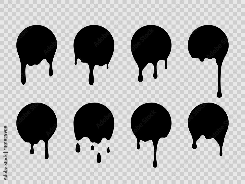 Paint drip stickers. Dripping liquid current paint, ink stains. Melted ...