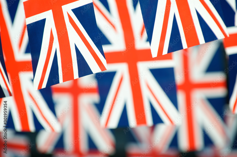Red, white and blue British Union Jack flag bunting hanging in a full ...