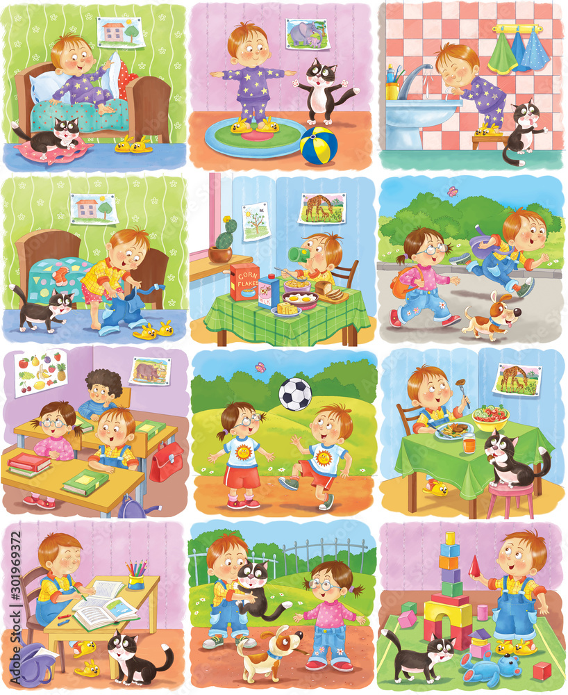 Cute little boy's day. Schedule. Coloring book. Coloring page. Poster ...
