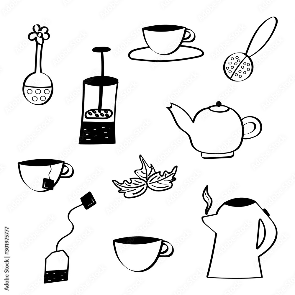 Items for tea: mug, tea leaves, teapot, strainer, teapot, kettle. Hand ...