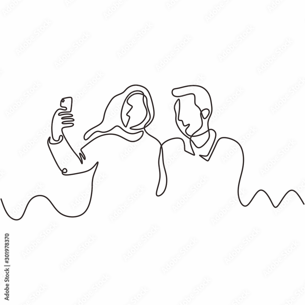 Continuous one line drawing of couple selfie with camera of smartphone ...