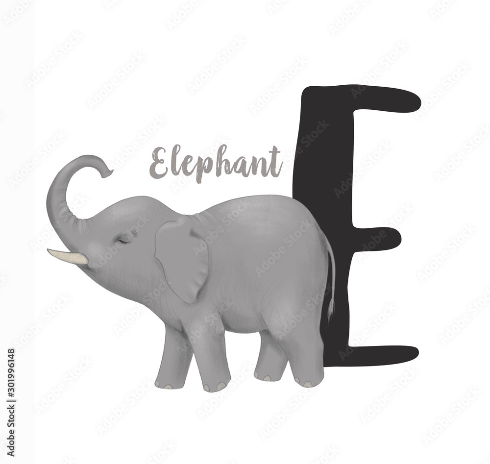 Hand drawn illustration of cute digital elephant character and "E ...