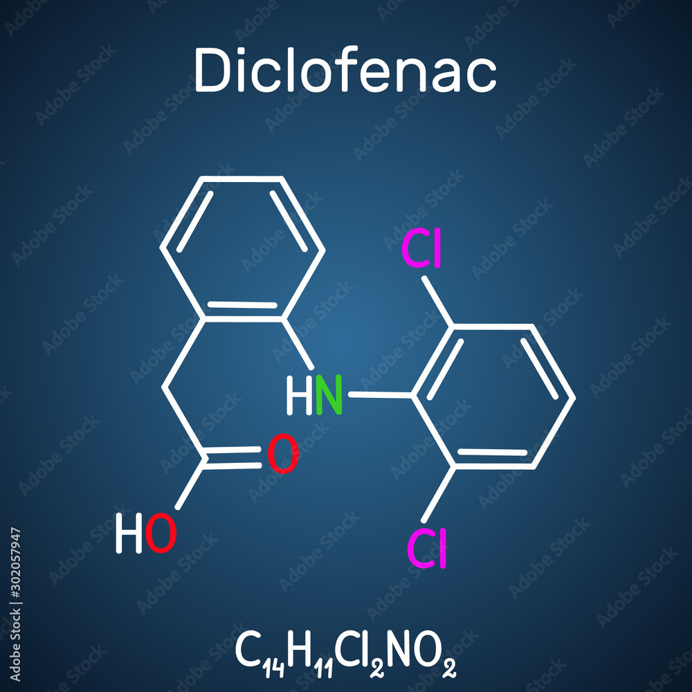 Diclofenac molecule, is a nonsteroidal anti-inflammatory drug NSAID ...
