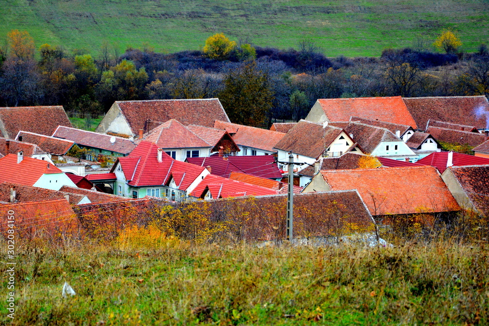 Typical rural landscape and peasant houses in Garbova, Transylvania ...