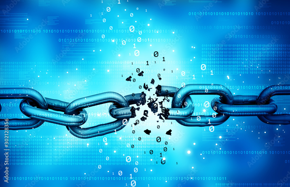Broken data chain. Data hacked concept. 3d illustration. Stock ...