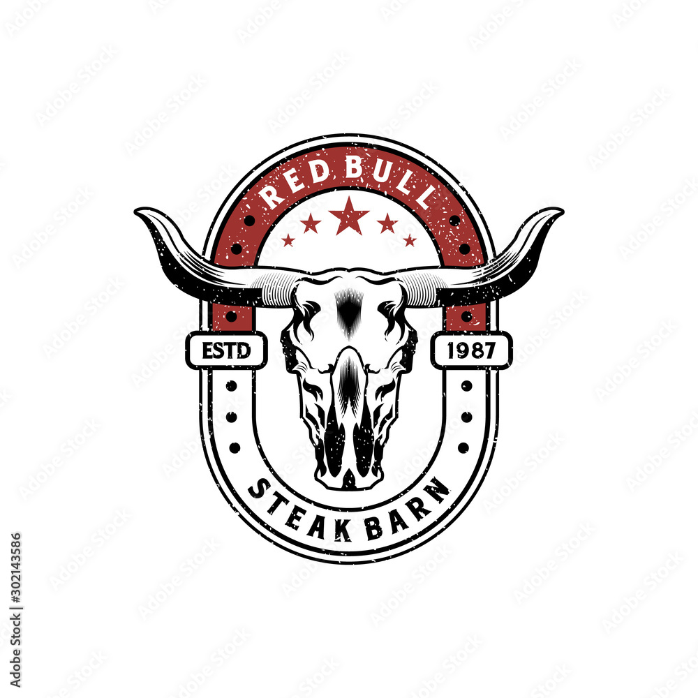 Red Bull badge logo design inspiration for steak barn. Skull bull logo ...