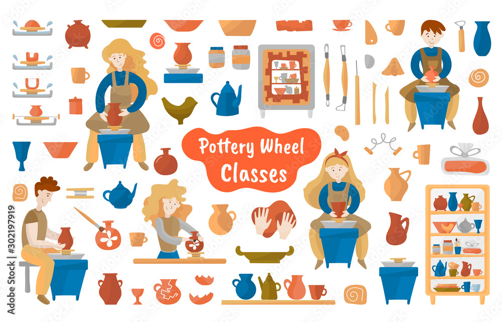 Pottery wheel and pottery mega vector set for background, print or ...