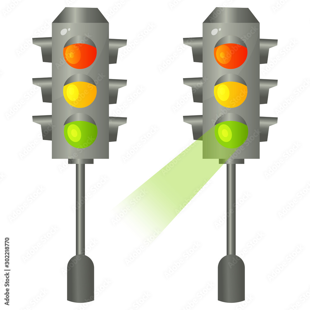 Color image of traffic lights on a white background. Green light of ...