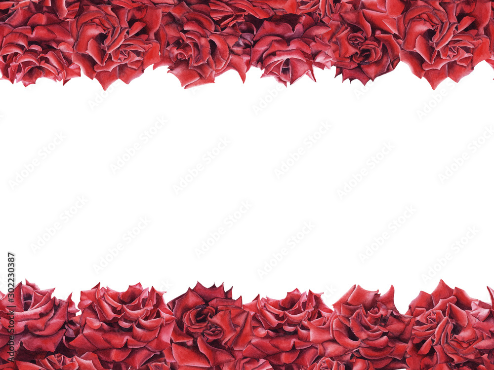 Hand drawn watercolor border frame with red roses seamless pattern ...
