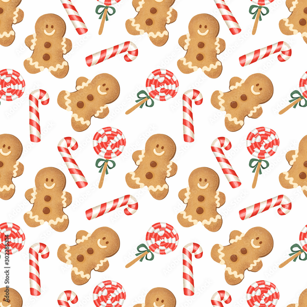 Hand-drawn gingerbread man seamless pattern. Theme of the New Year ...