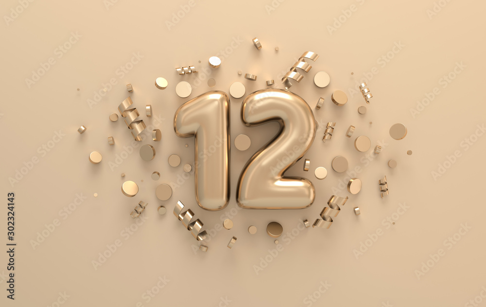 Golden 3d number 12 with festive confetti and spiral ribbons. Poster ...
