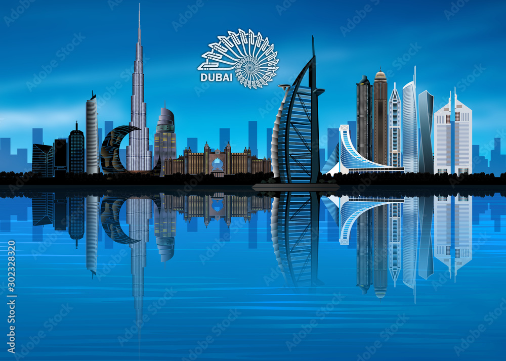 Ilustración de Stock Dubai city skyline on a blue backdrop depicting ...