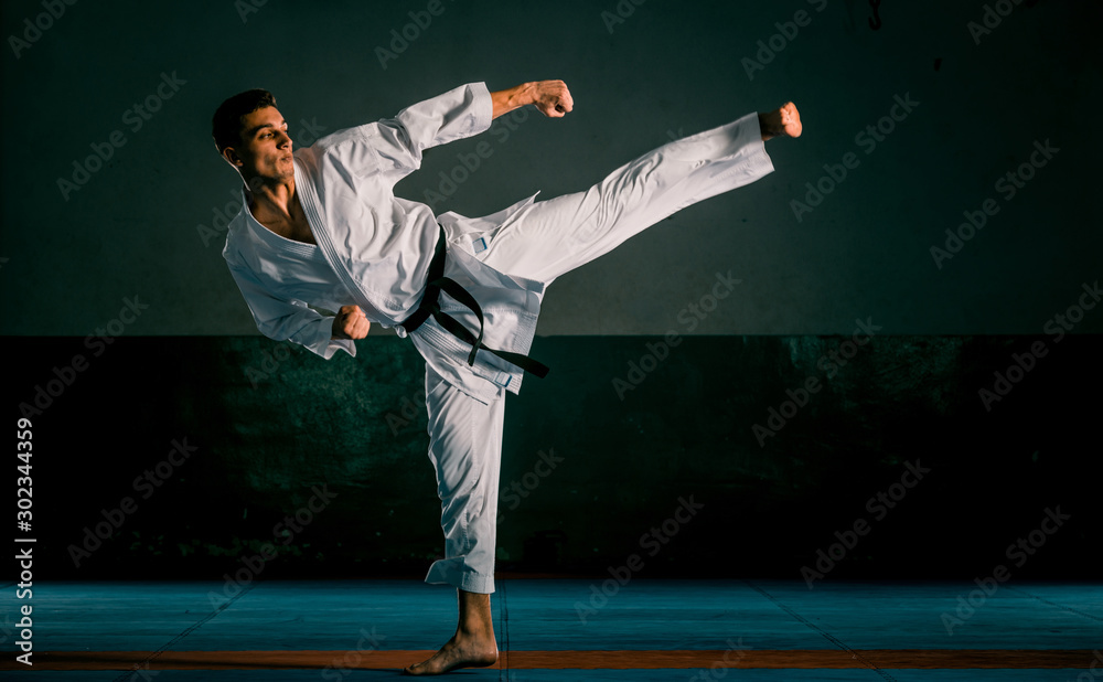 Professional karate fighter kicking. Isolated on a white background ...