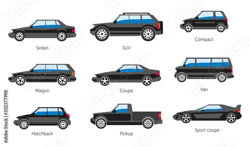 Vehicle body types, car carcass shape and model names isolated icons ...