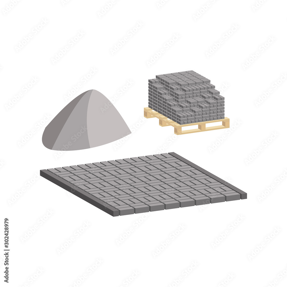 Paving slabs on a pallet with a pedestrian walkway made of paving slabs ...