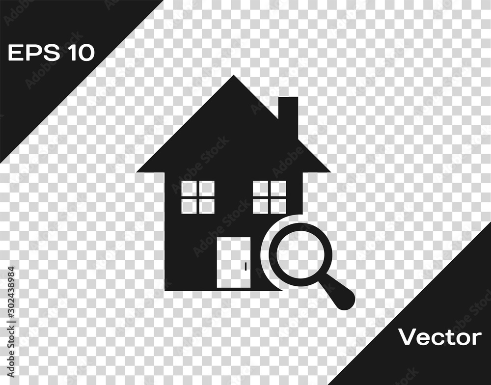 Grey Search house icon isolated on transparent background. Real estate ...
