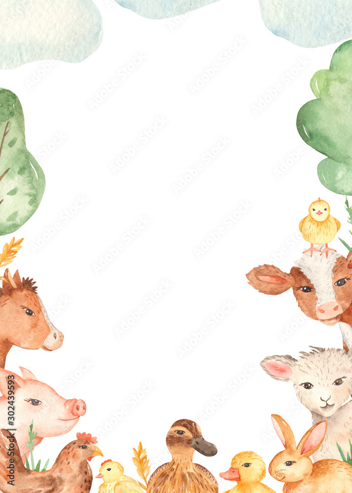 Watercolor rectangular frame with cute cartoon farm animals Stock ...