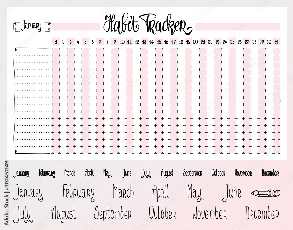 Habit tracker template. Blank with hand written cute names of months ...