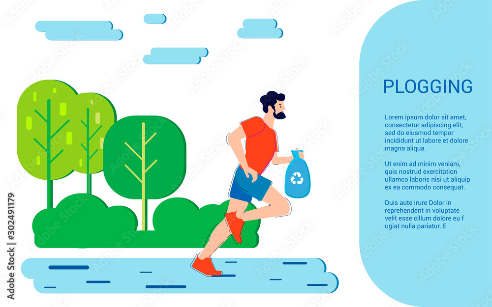 Plogging concept. A human silhouette running and holding a litter trash ...
