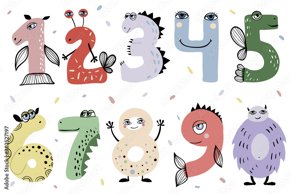 Set of cute cartoon number monsters. Flat style design. Funny monsters ...