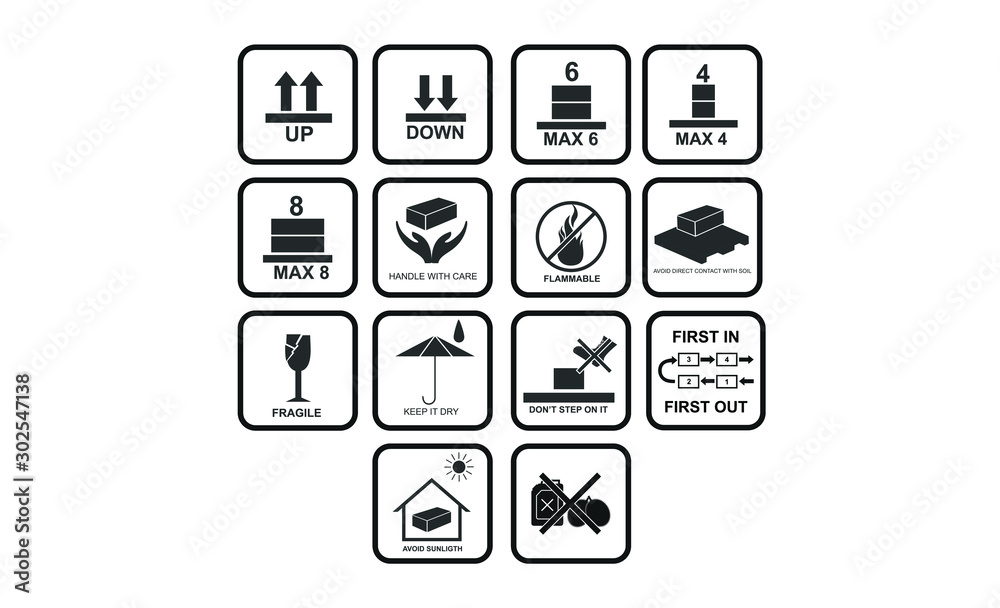 most used Packaging symbols set on vector cardboard background. Packing icon collection ...