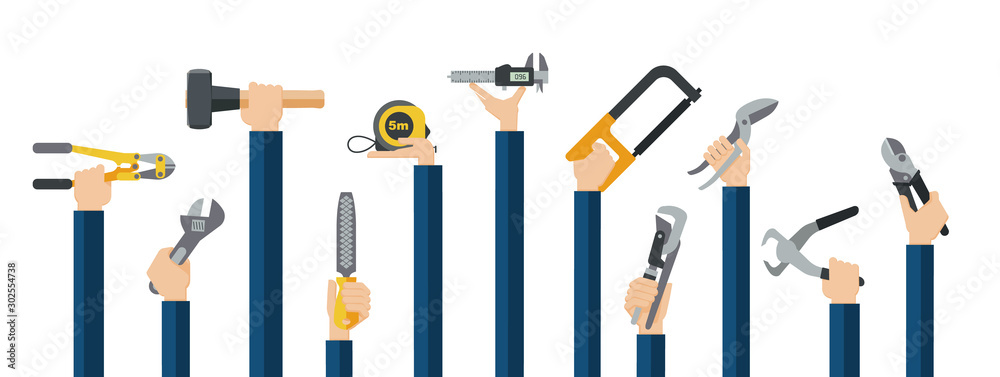 Flat design illustration of hands holding hand tools for metal work ...