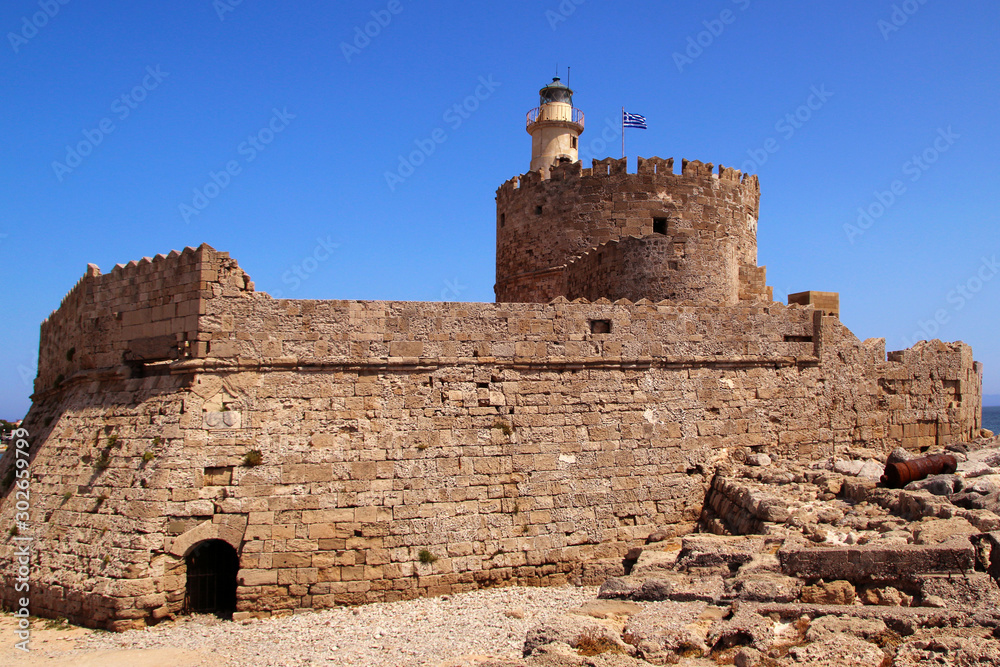 Fort of Saint Nicholas, Mandraki Harbour, Rhodes, Greece Stock Photo ...