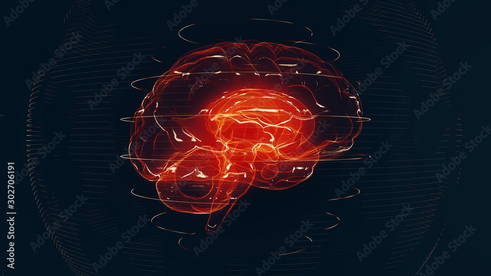 Futuristic red digital brain in particle cyberspace. Neurons firing in ...