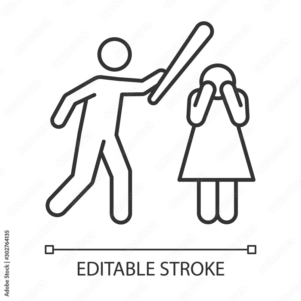 Violence against woman linear icon. Female abuse, harassment, bullying ...