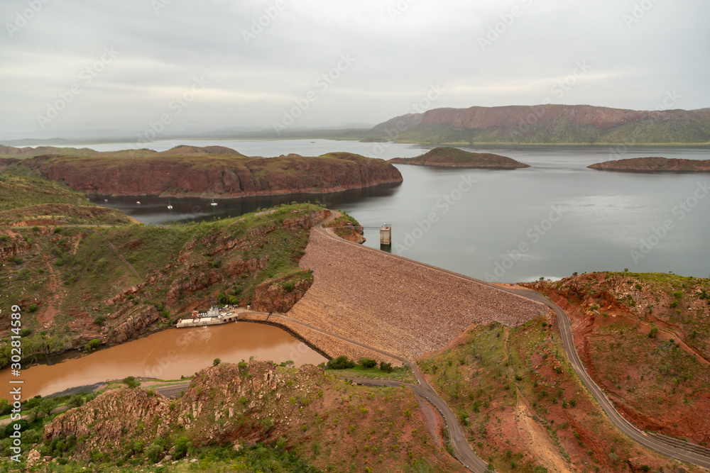 Aerial landscape view of the dam and dam wall of Lake Argyle, the ...